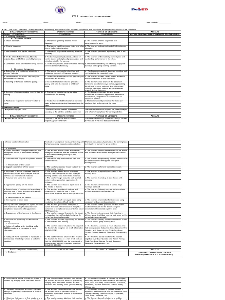 STAR Observation Technique | Download Free PDF | Learning | Teachers