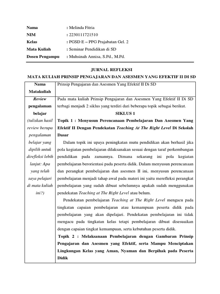 Jurnal Refleksi - Melinda Fitria - Prinsip Pengajaran Dan Asesmen Yang ...