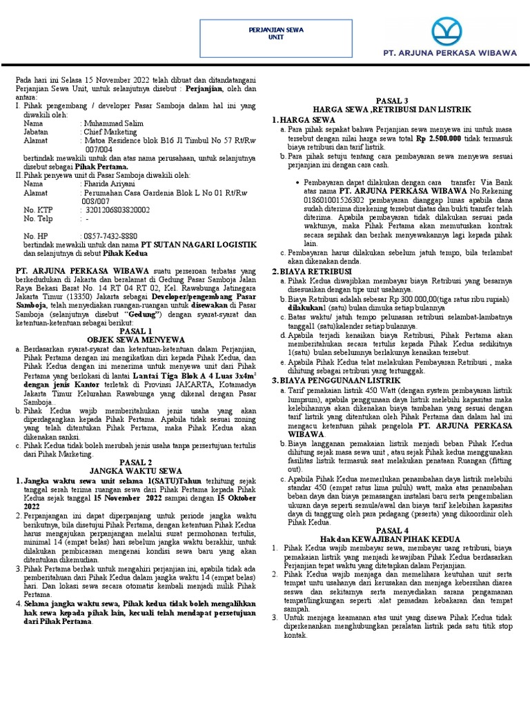 Surat Perjanjian Fharida Ariyani | PDF