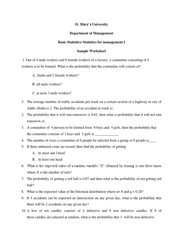 St. Mary's University Department of Management Basic Statistics ...