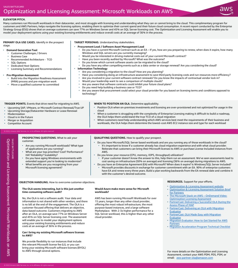 OLA Sales Battlecard For Microsoft Workloads On AWS | PDF | Cloud Computing | Amazon Web Services