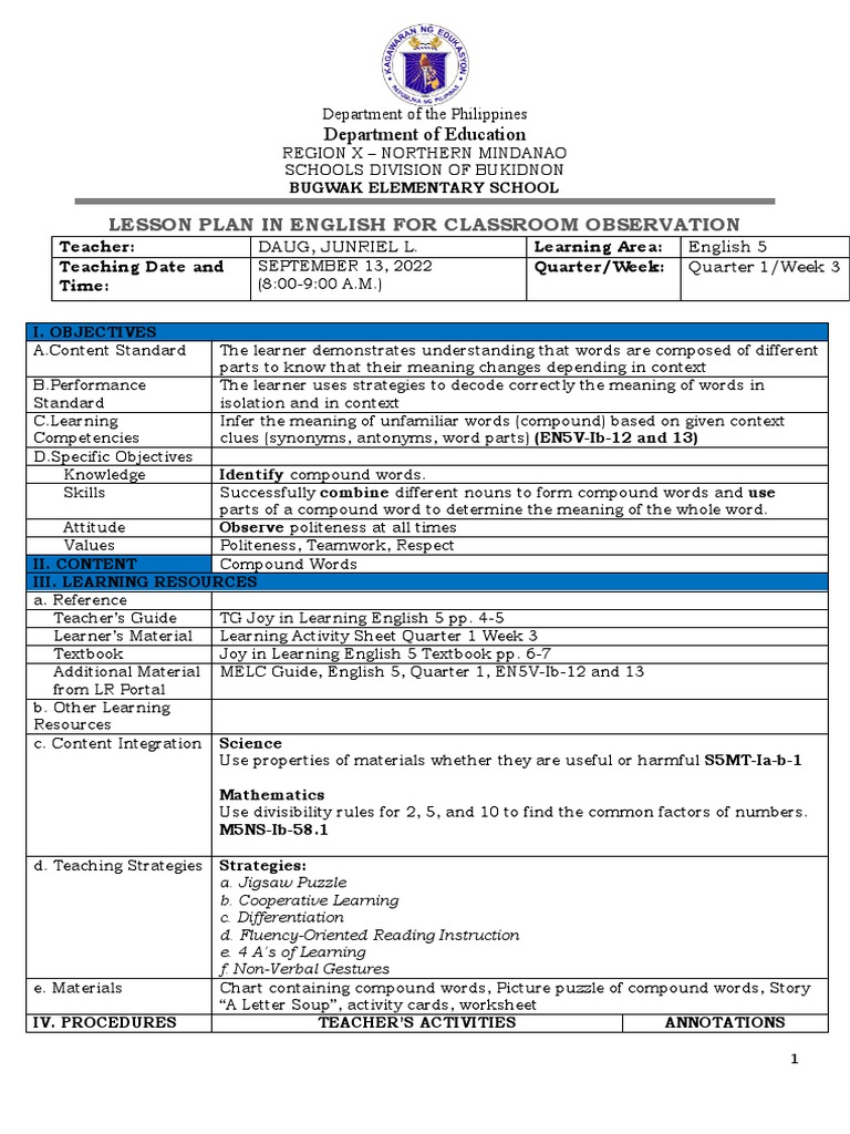 COT 1 English 5 Quarter 1 Week 3 2022 2023 | PDF | Learning | Word