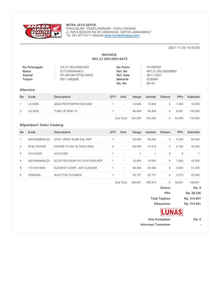Invoice Ahass INV.21.003.00014475 | PDF