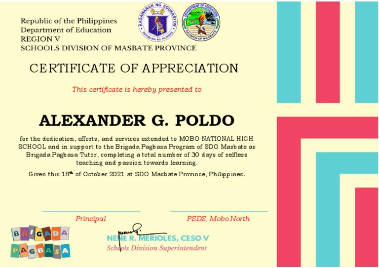 Brigada Pagbasa Certificate Template | PDF