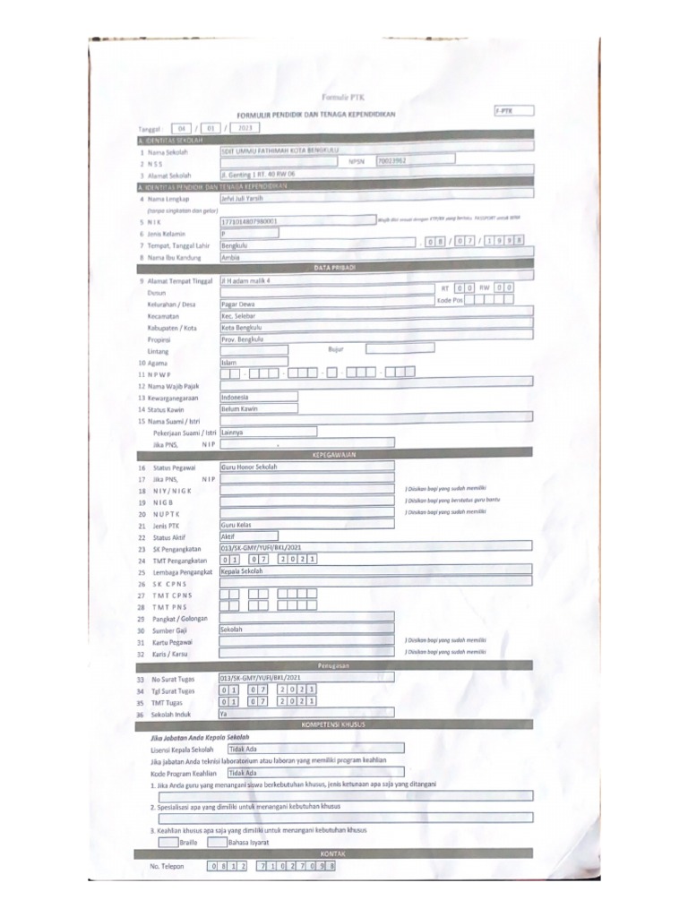 Formulir Pendidik Dan Tenaga Kependidikan | PDF