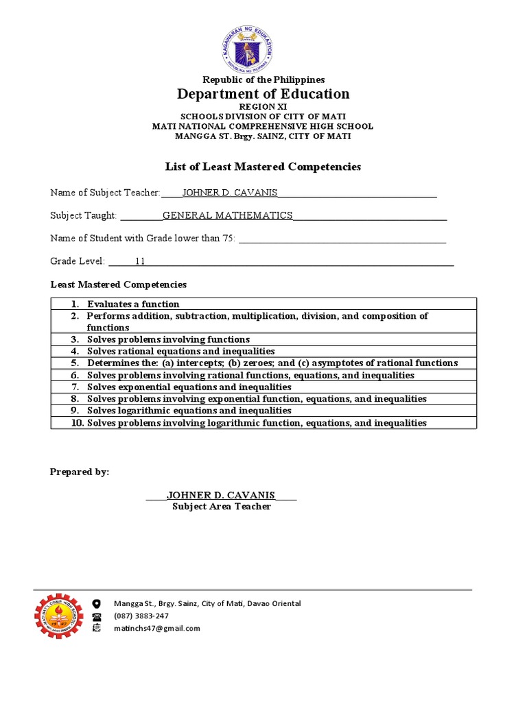 Least Learned Competency Template GENMATHE1 SUMMER2022 | PDF