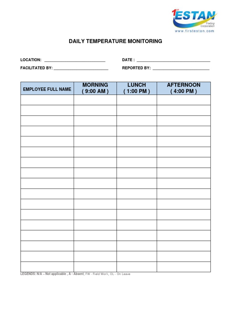 Daily Temperature Monitoring Form - PDF Editable | PDF