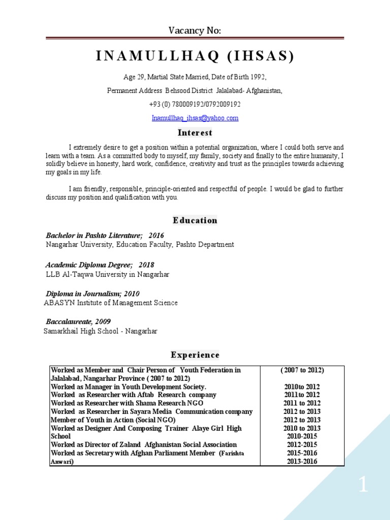 Inam CV | PDF | Nangarhar Province | Information