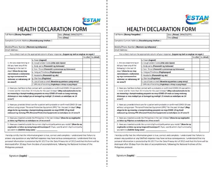 Health Declaration Form 2022 | PDF