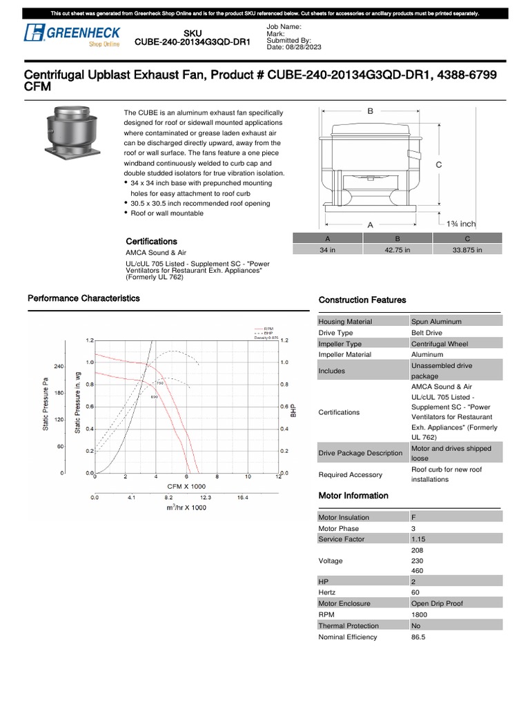 GreenheckShop ProductCutSheet CUBE-240-20134G3QD | PDF | Horsepower | Roof