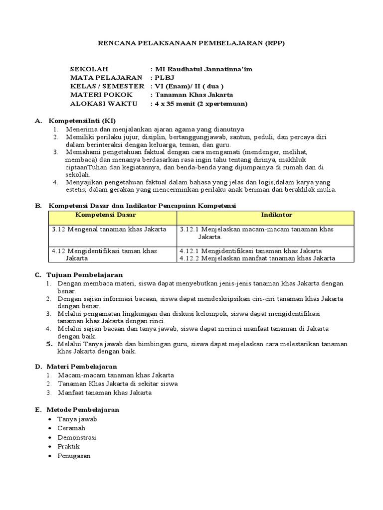 RPP PLBJ Kelas 6 Bab 11 Tanaman Khas Jakarta | PDF | Karier & Perkembangan