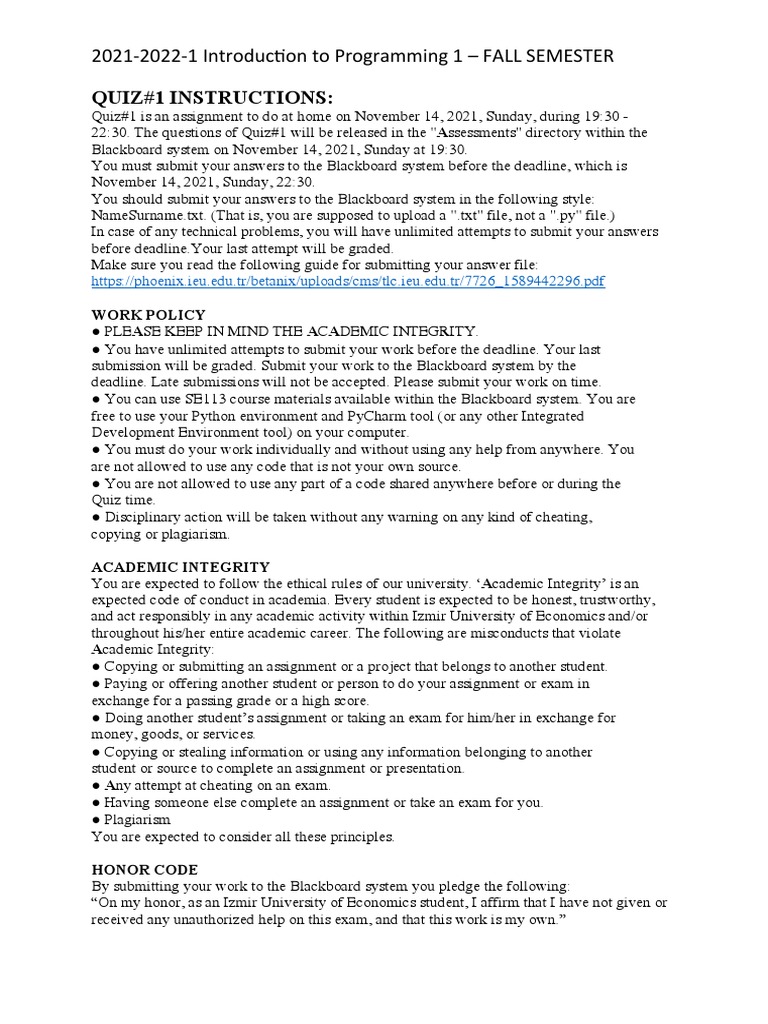 Quiz#1 Instructions | PDF | Academic Integrity | Plagiarism