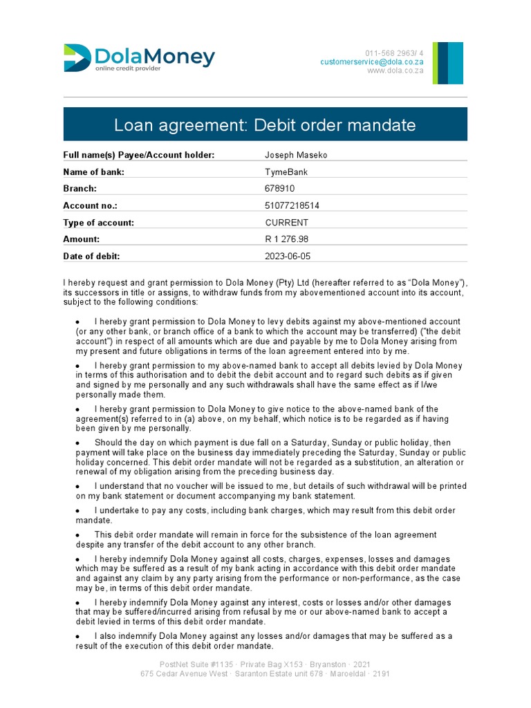 Dola Money Debit Order Mandate DOLA32673 2023-05-24 | Download Free PDF ...