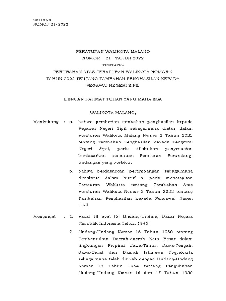 Salinan Perwal No 21 Tahun 2022 TTG Perubahan Atas Perwal Nomor 2 Tahun ...