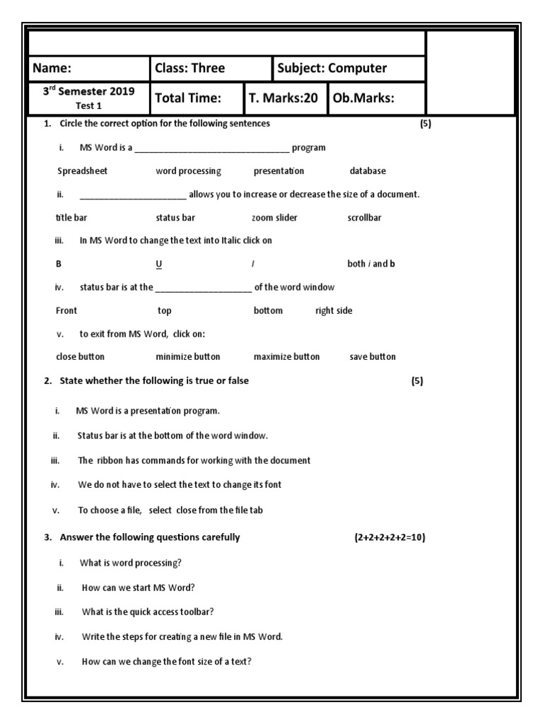 Grade 3 MS Word Practice Test | PDF | Microsoft Word | 3 D Computer ...