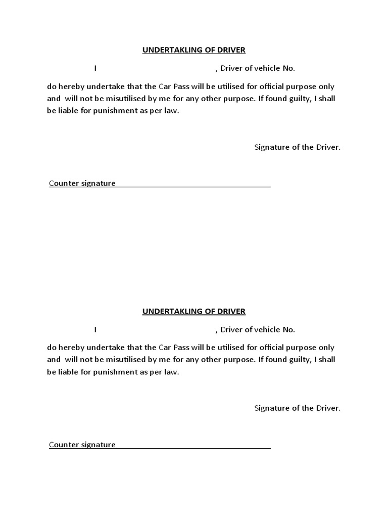 Driver's Undertaking for Car Pass | PDF