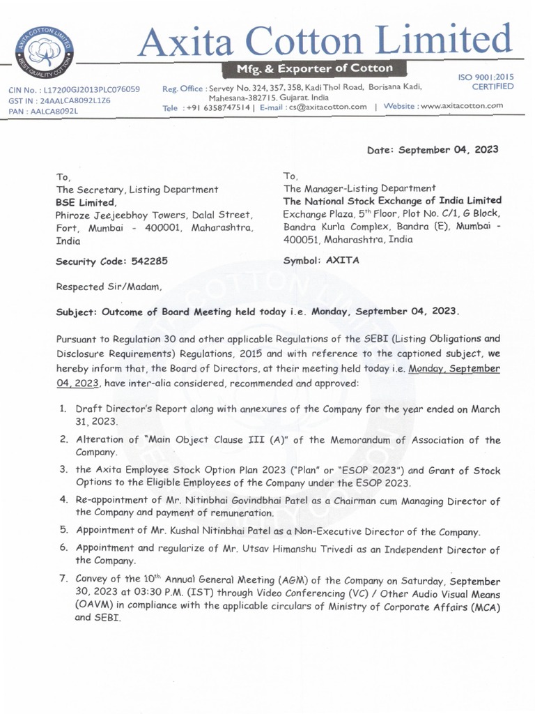 Axita Cotton Board Meeting Outcomes | PDF | Option (Finance) | Stocks
