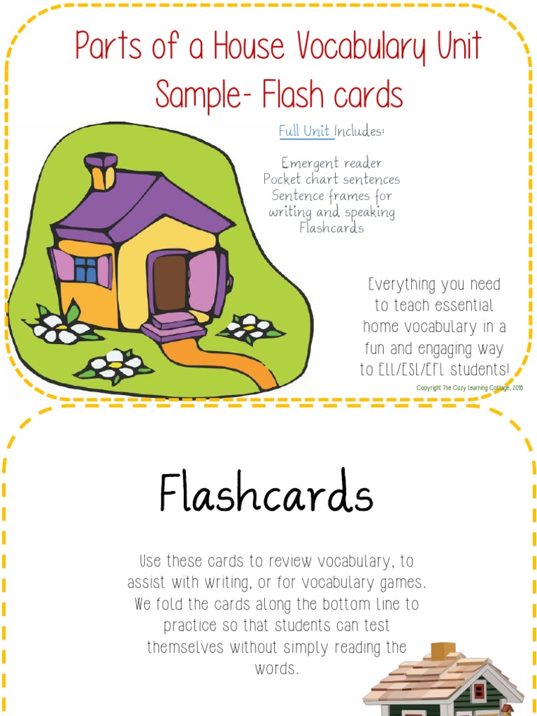 Parts of A House Vocabulary Unit Sample-Flash Cards | PDF