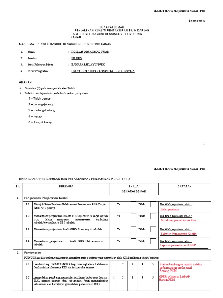 V2SLT Senarai Semak Penjaminan Kualiti PBD Lampiran A 14 Ogos 2023 | PDF
