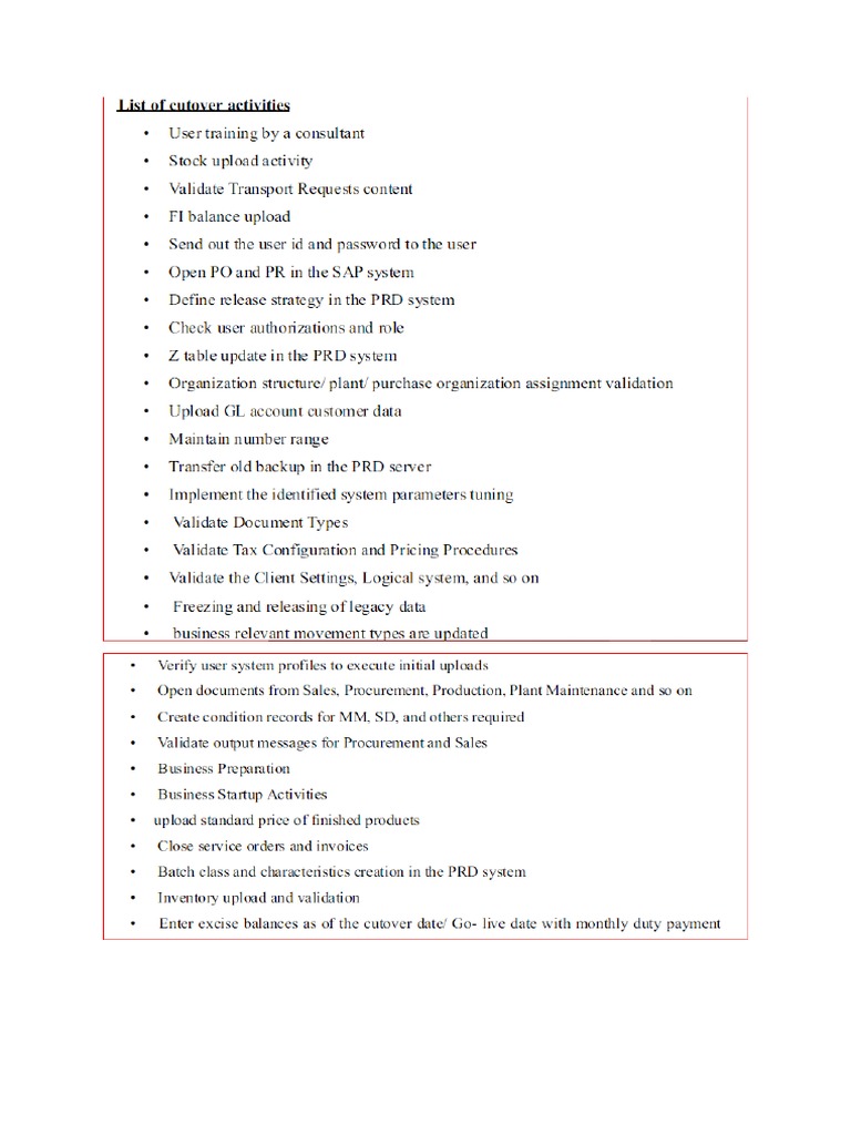 List of Cutover Activities | PDF