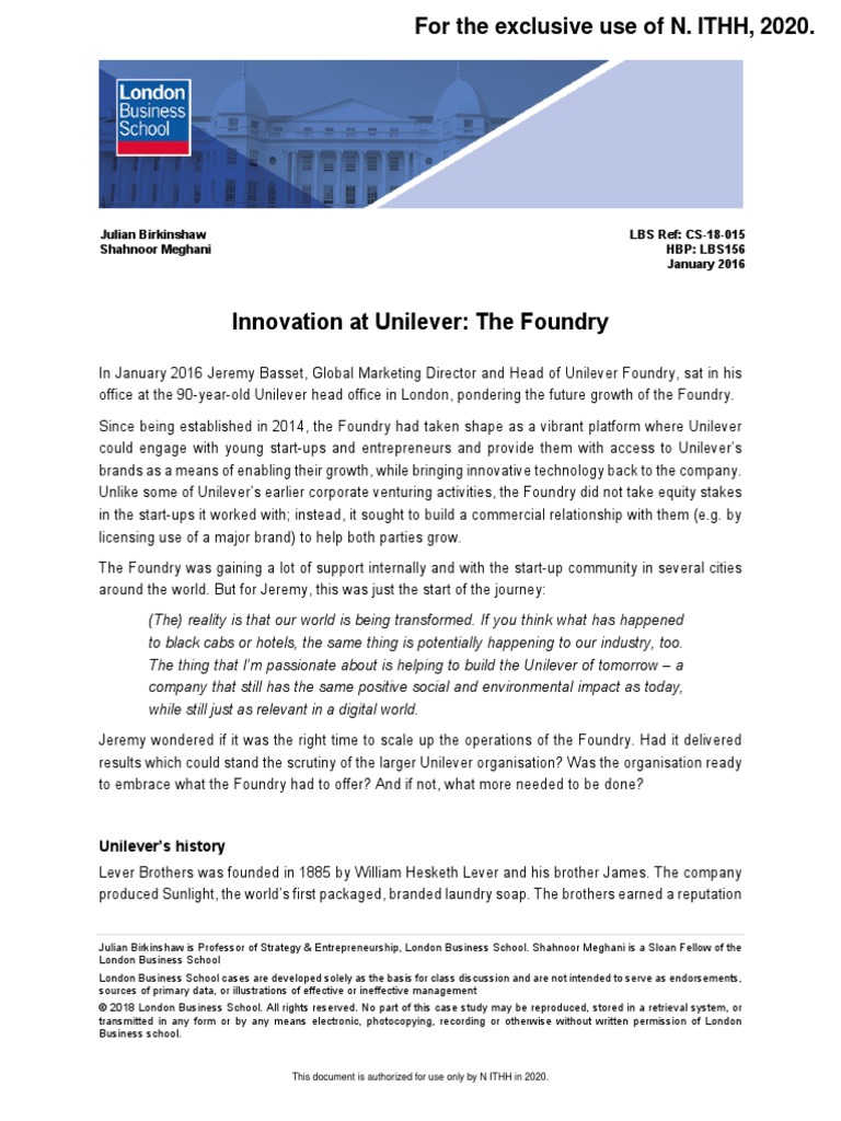 Innovation At Unilever The Foundry Pdf Entrepreneurship Startup