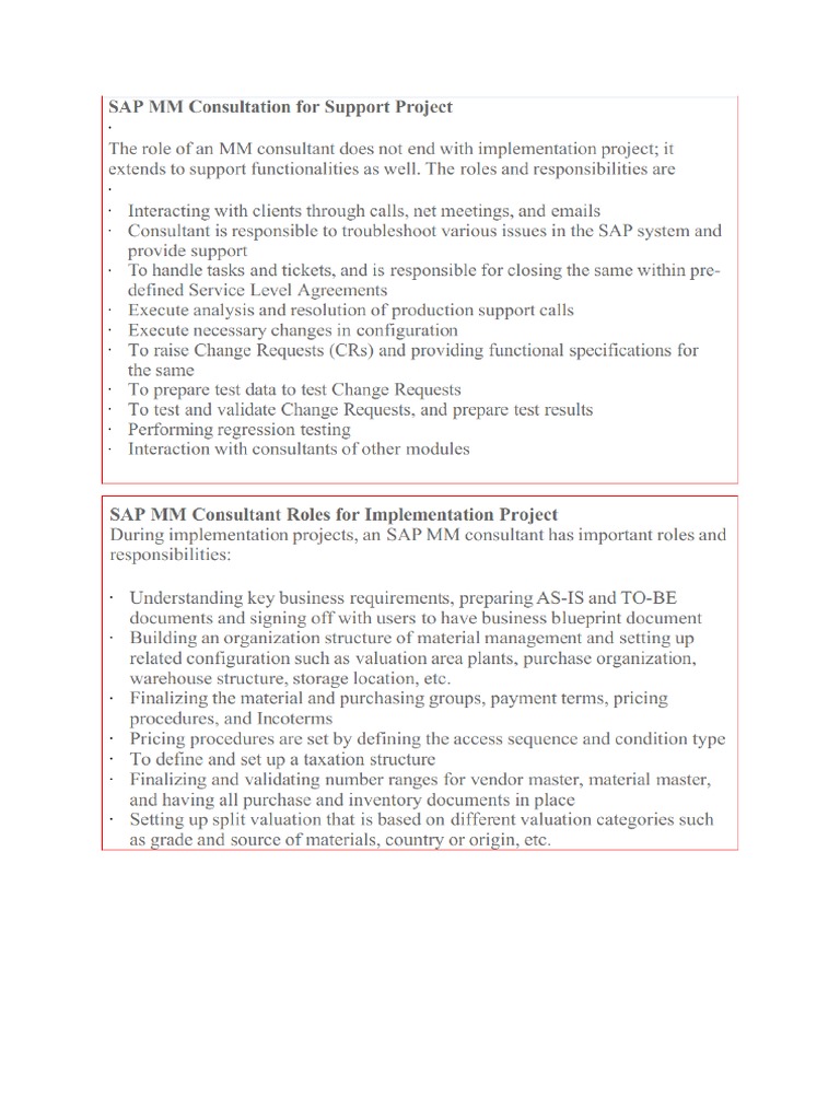Sap MM Consultant Role in Implement and Support Project | PDF