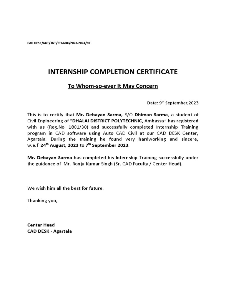 Internship Certificate - CAD DESK | PDF