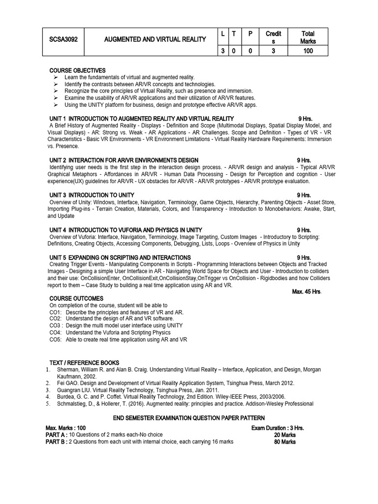 SCSA3092 Augmented and Virtual Reality | PDF | Augmented Reality | Virtual Reality