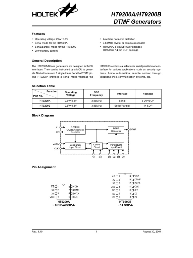 HT9200A/HT9200B DTMF Generators: Features | PDF | Cmos | Electronic ...