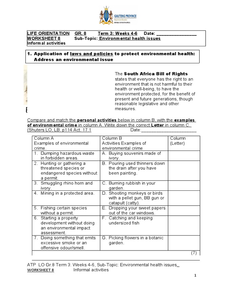 Gr. 8 T3, Week 4-6, Worksheet 8, Environmental Health Issues | Download ...