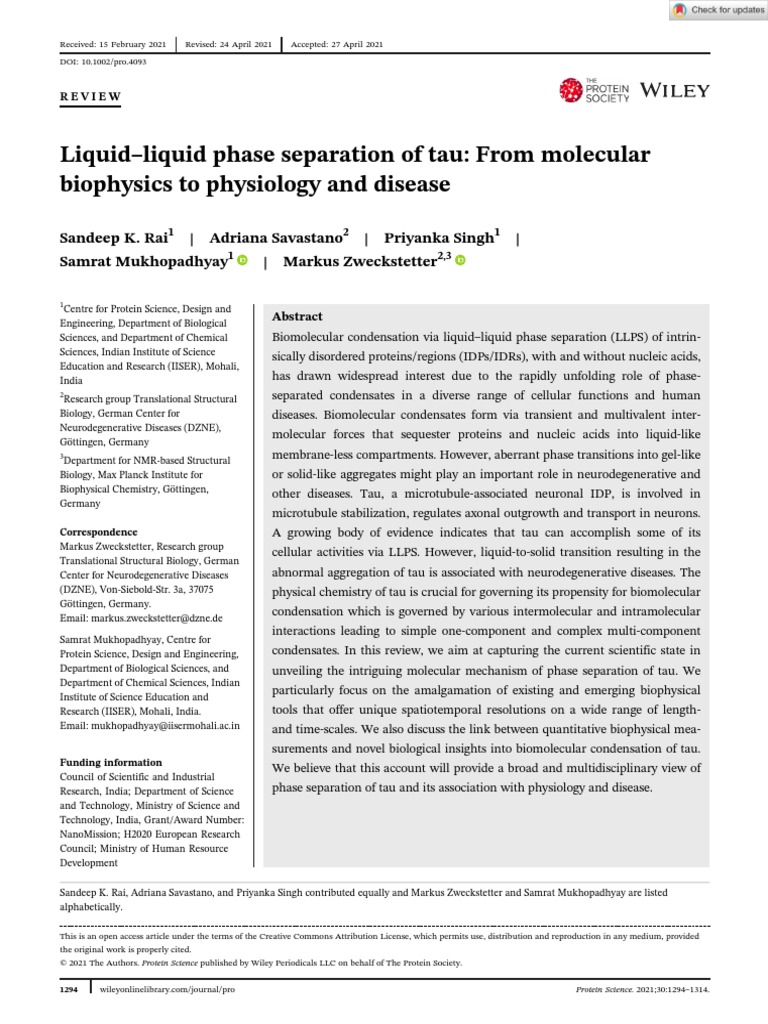Protein Science - 2021 - Rai - Liquid Liquid Phase Separation of Tau ...