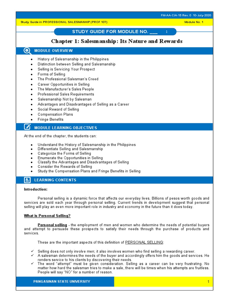 Study Guide Module 1 Salesmanship Its Nature and Rewards | PDF | Sales | Retail