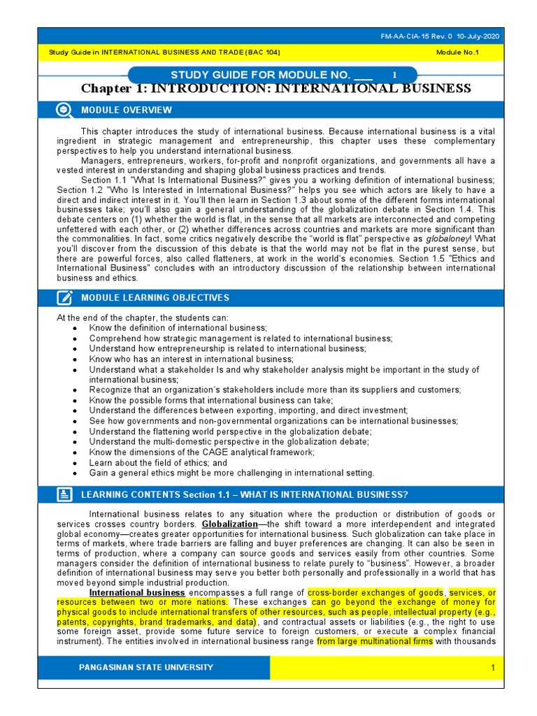 BAC 104 SG 1 Chapter 1 INTRODUCTION INTERNATIONAL BUSINESS 1 | PDF | Entrepreneurship ...