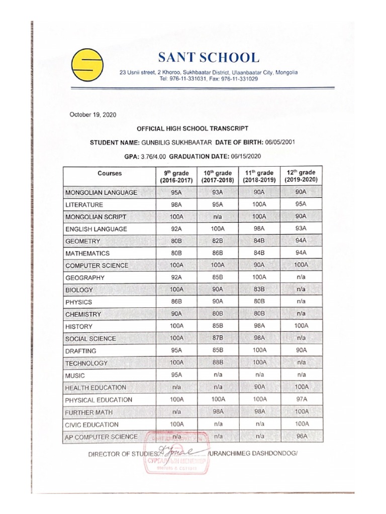 SANT-SCHOOL-transcript-high-school-Gunbilig2 | PDF