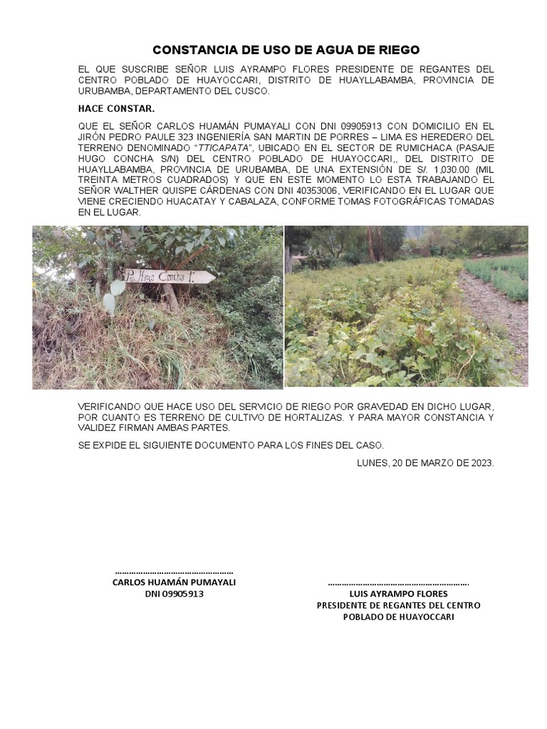Constancia de Uso de Agua de Riego | PDF Constancia de Uso de Agua de Riego | PDF