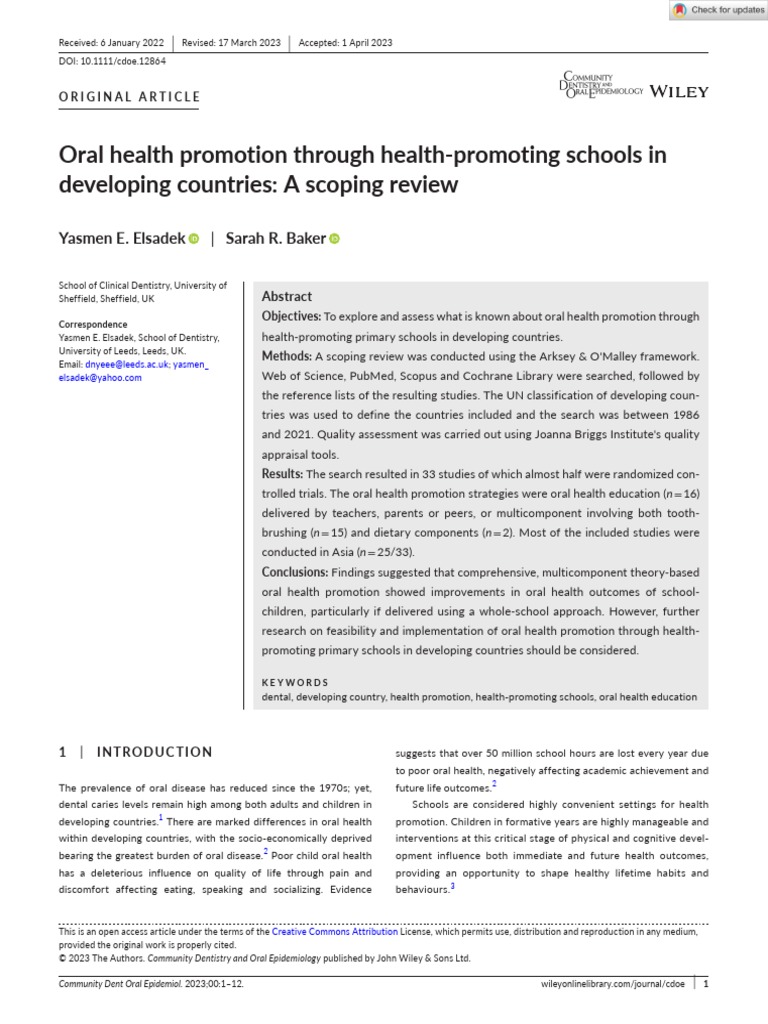Oral Health Promotion Through Health-Promoting Schools in Developing ...