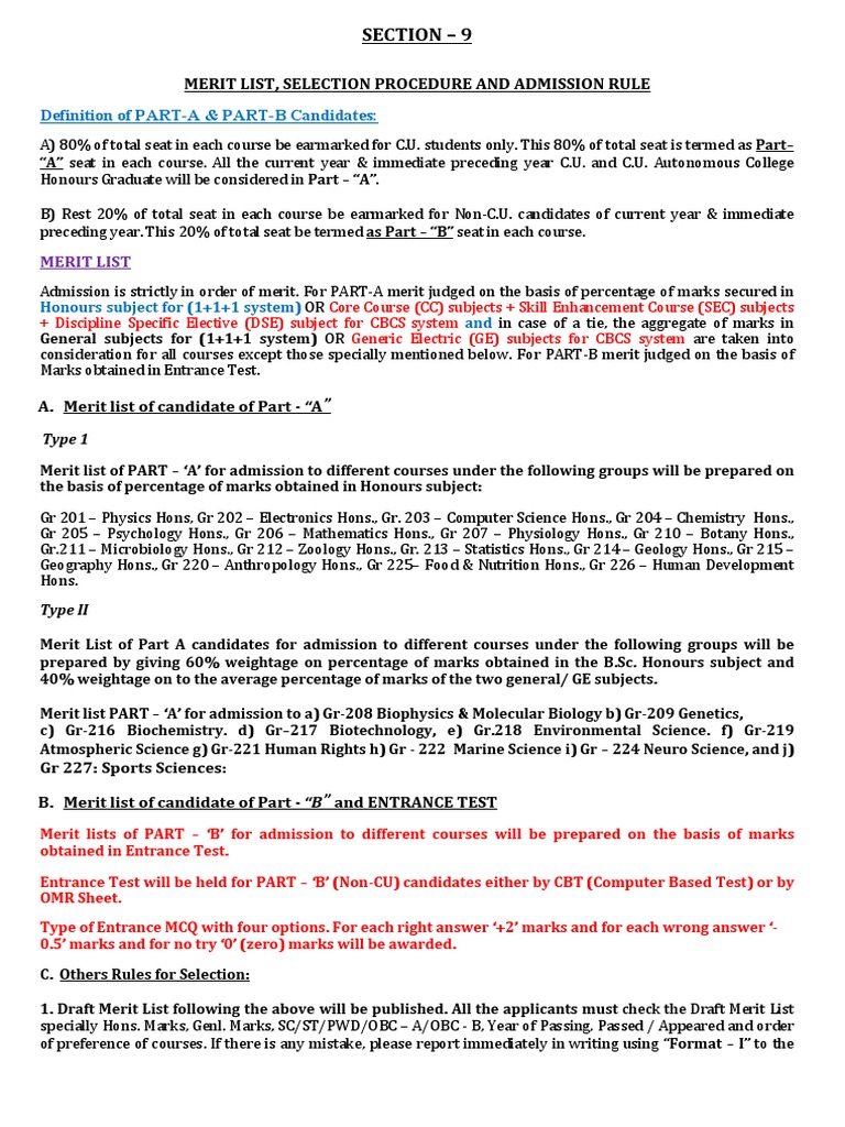 Section 9 - Merit List SELECTION PROCEDURE and Admission Rules | PDF ...