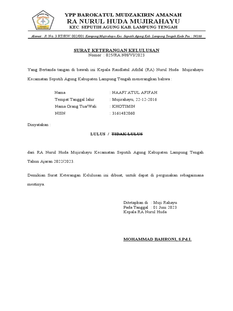 SKL RA Nurul Huda | PDF