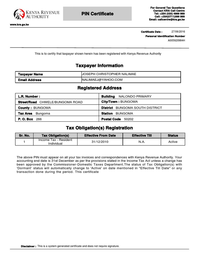Kra Certificate | PDF | Taxes | Payments
