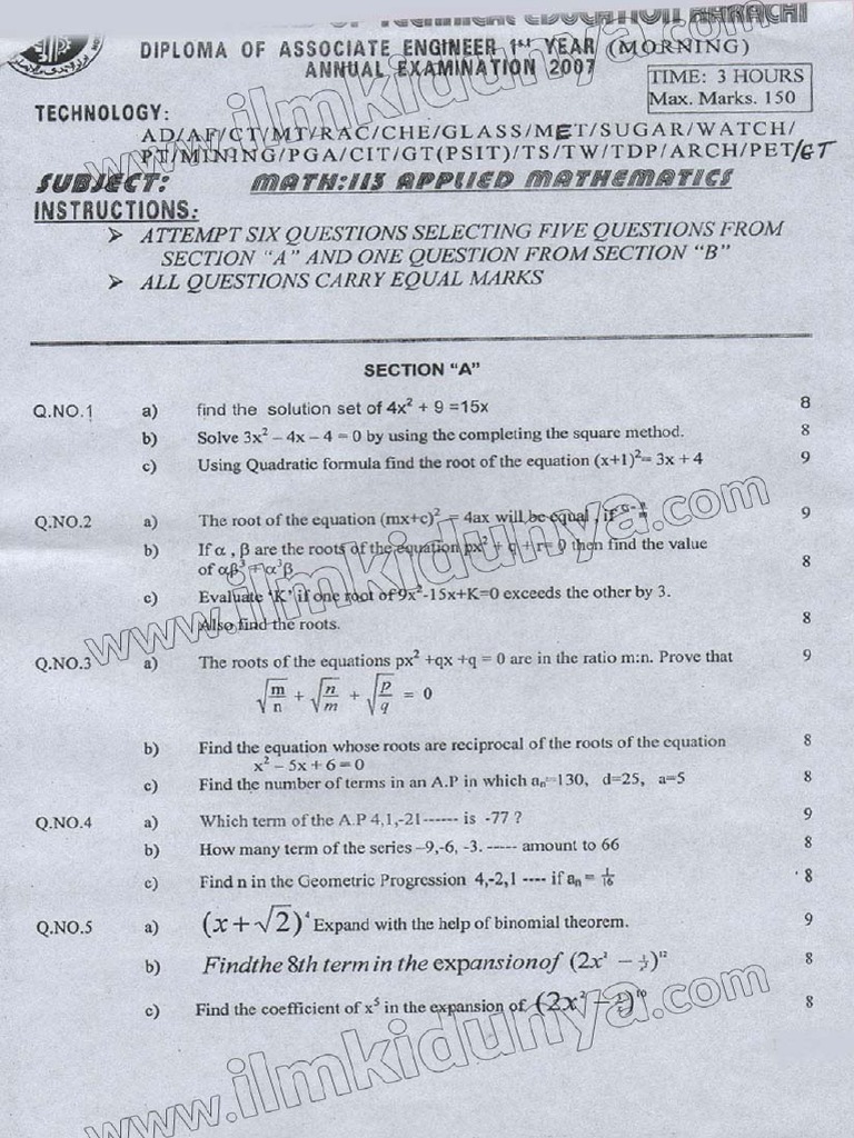 Past Paper DAE Sindh Board of Technical Education Applied Mathematics ...