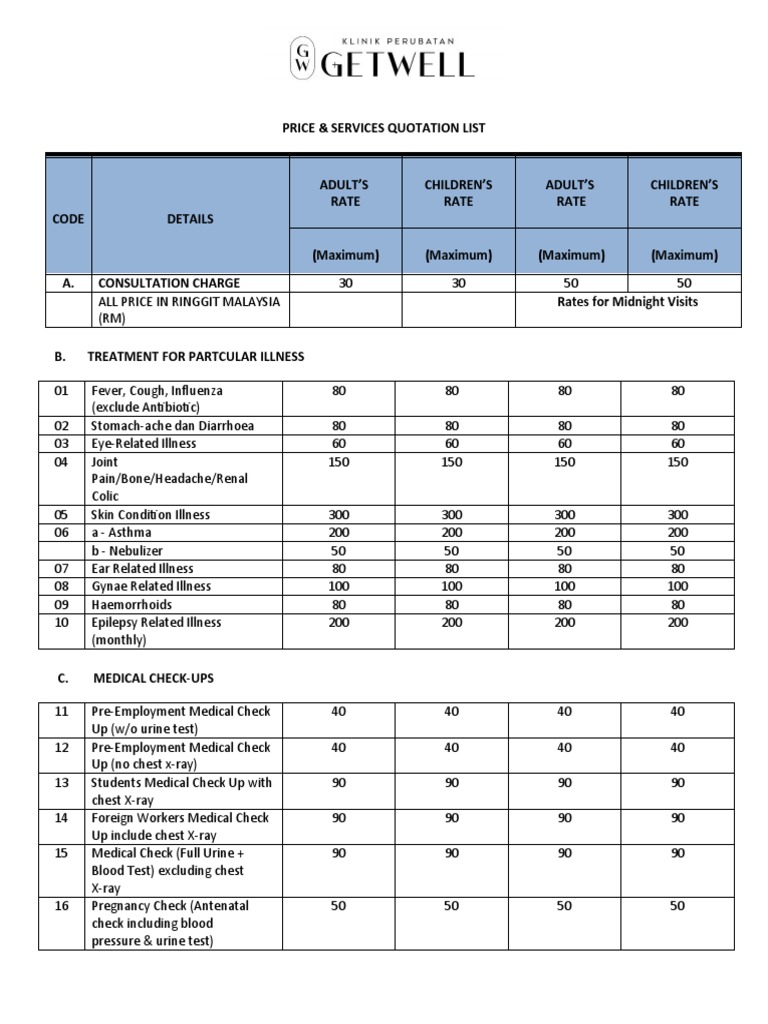 Price & Services Quotation List | PDF | Public Health | Health Care