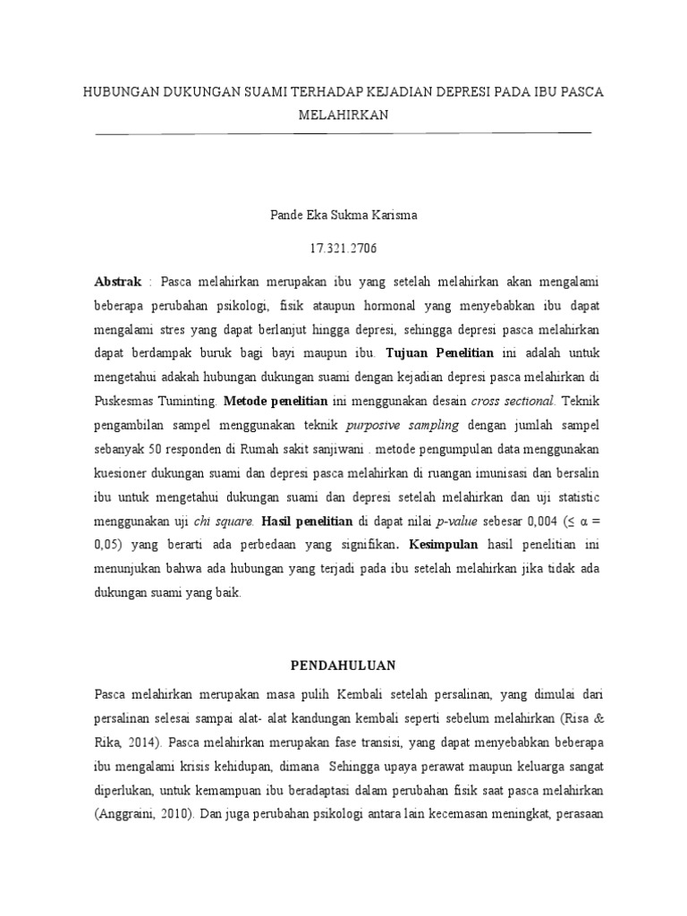 Hubungan Dukungan Suami Terhadap Kejadian Depresi Pada Ibu Pasca Melahirkan | PDF