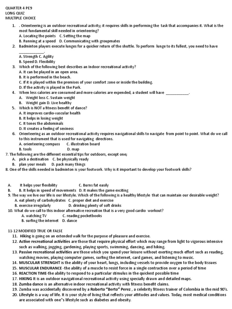 Grade 9 PE 4th Quarter Quiz | PDF | Physical Fitness | Recreation