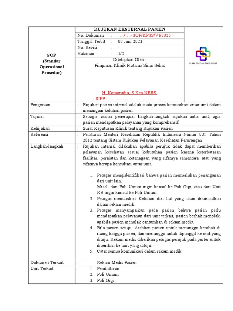 SOP Rujukan Internal Pasien | PDF