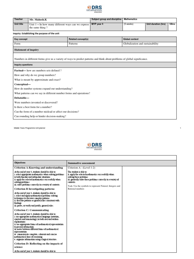 MYP4 Math Unitplan1 | PDF | Mathematics | Numbers