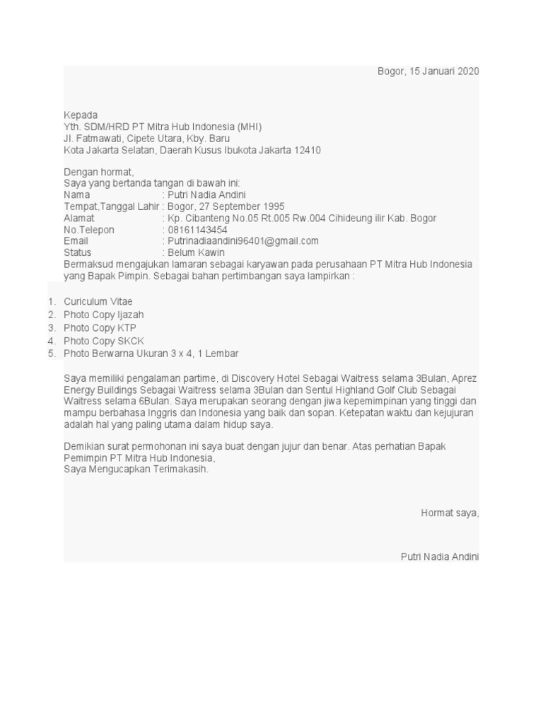 Lamaran Kerja di PT Mitra Hub Indonesia | PDF