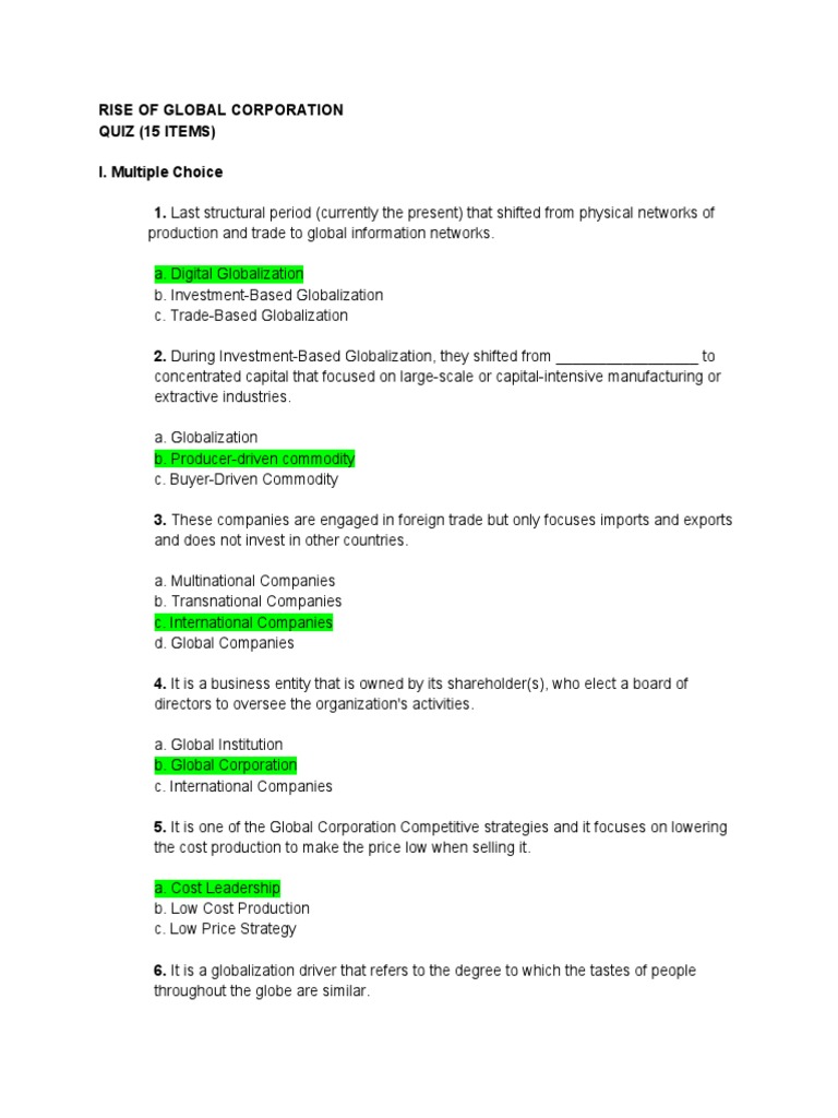 RISE OF GLOBRISE OF GLOBAL CORPORATIONAL CORPORATION - Quiz & Answers ...