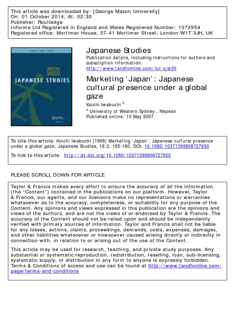 Iwabuchi - Marketing 'Japan' Japanese Cultural Presence Under A Global ...
