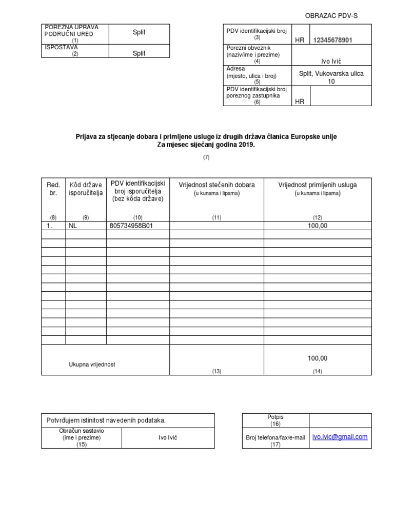 PRIMJER OBRAČUNA PDV-S ObrazacPDV - S2019iznajmljivaci | PDF