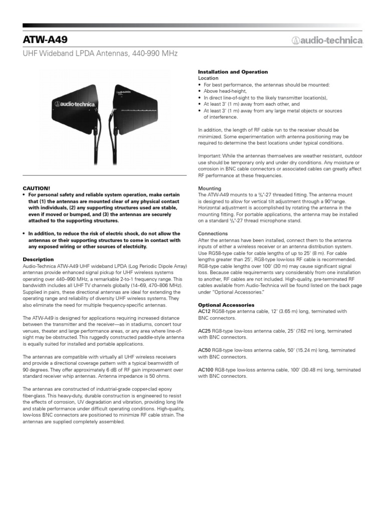 Audio-Technica Atw A49 Specsheet | PDF | Antenna (Radio) | Ultra High ...